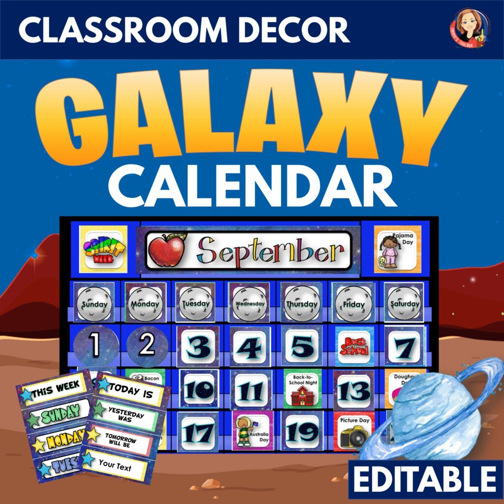 Editable Classroom Calendar in Galaxy Outer Space - Made By Teachers