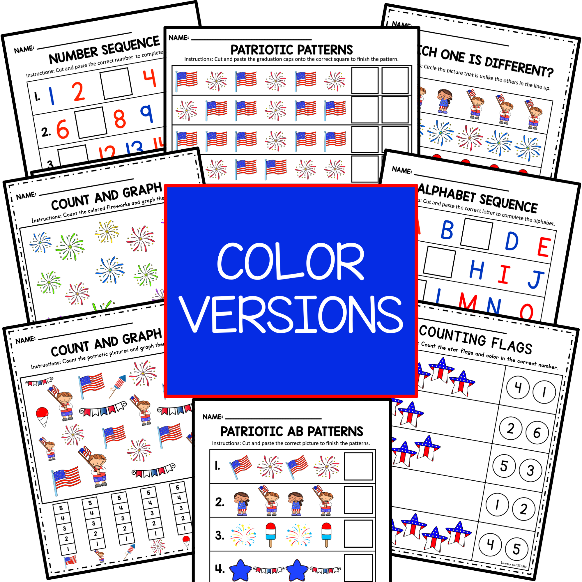 FOURTH OF JULY Worksheets for Preschool | patterns, counting, graph ...