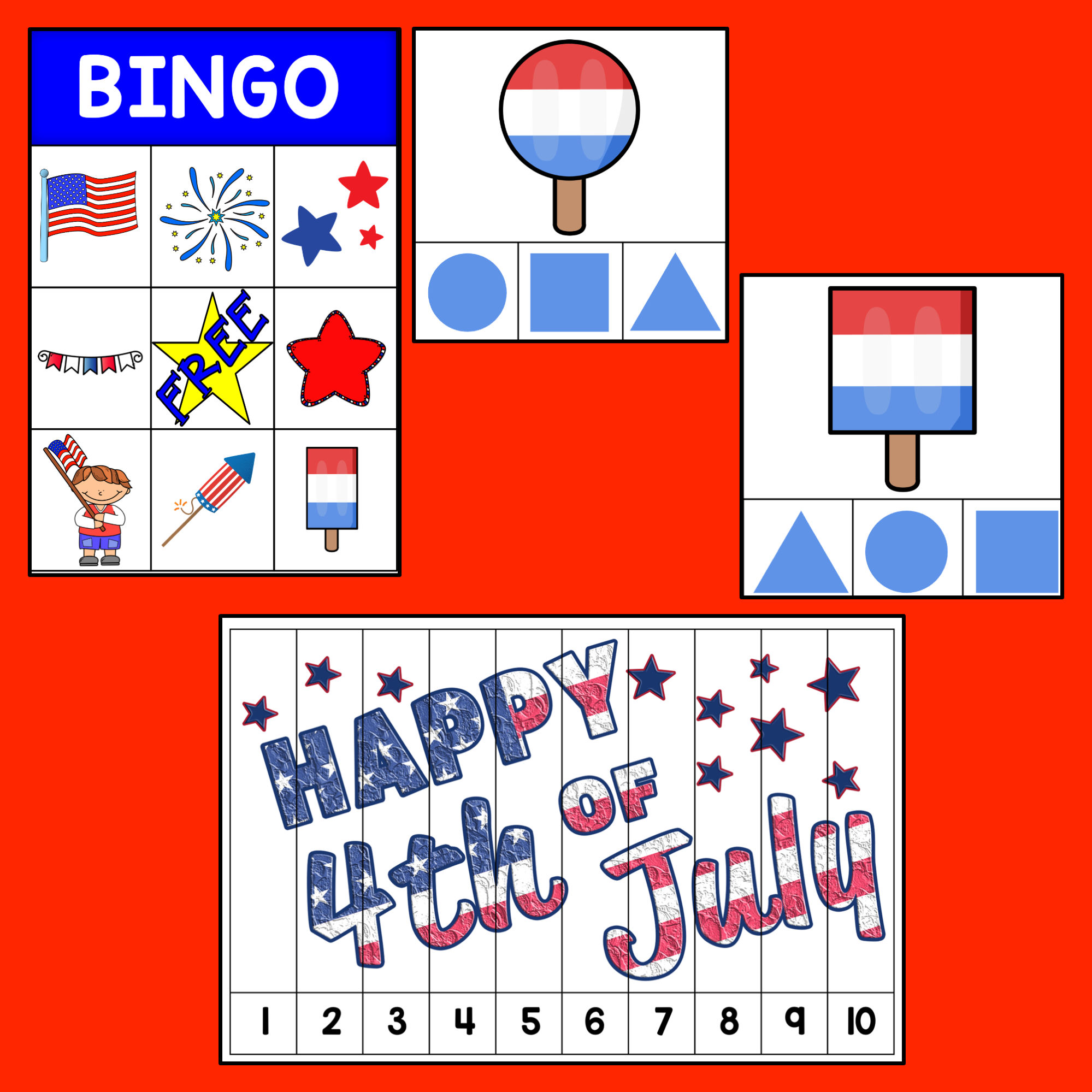 FOURTH OF JULY Learning Games for Preschool | shapes, size, number ...