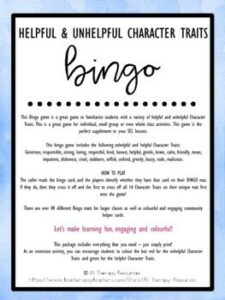 CHARACTER TRAITS BINGO - Helpful & Unhelpful Traits | Made By Teachers