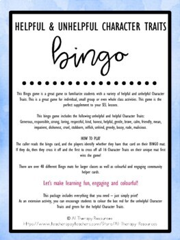 CHARACTER TRAITS BINGO - Helpful & Unhelpful Traits | Made By Teachers