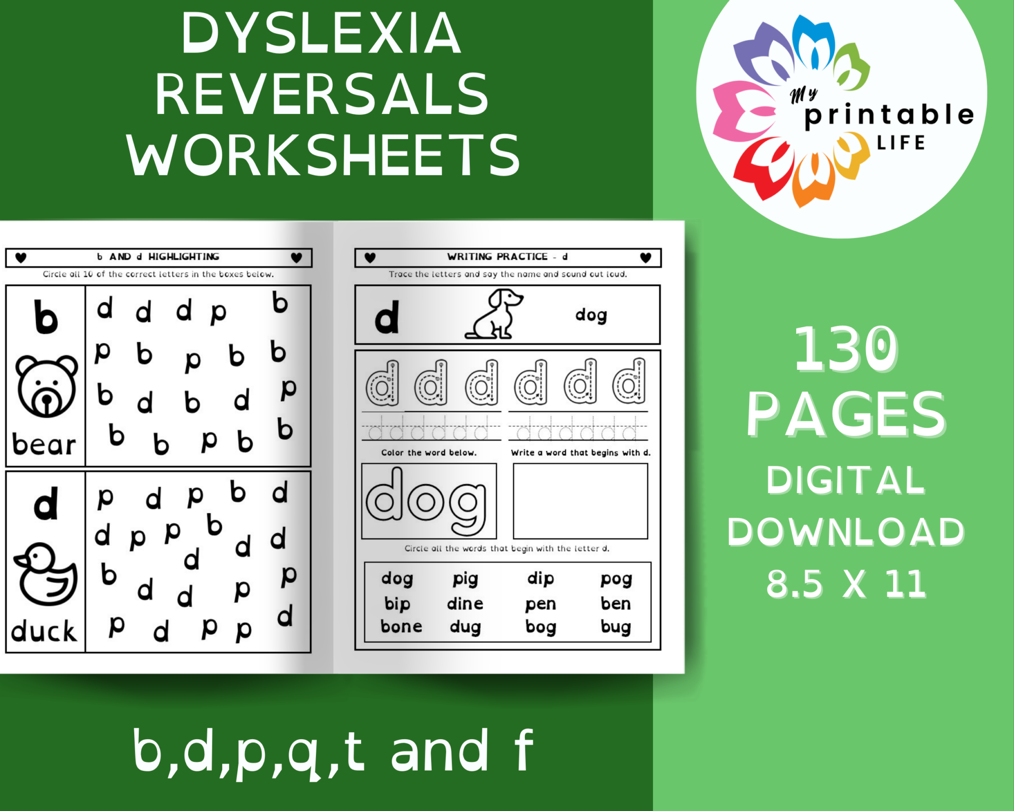 Dyslexia Letter Reversals Worksheets for b, d, p, q, t and f | Made By ...