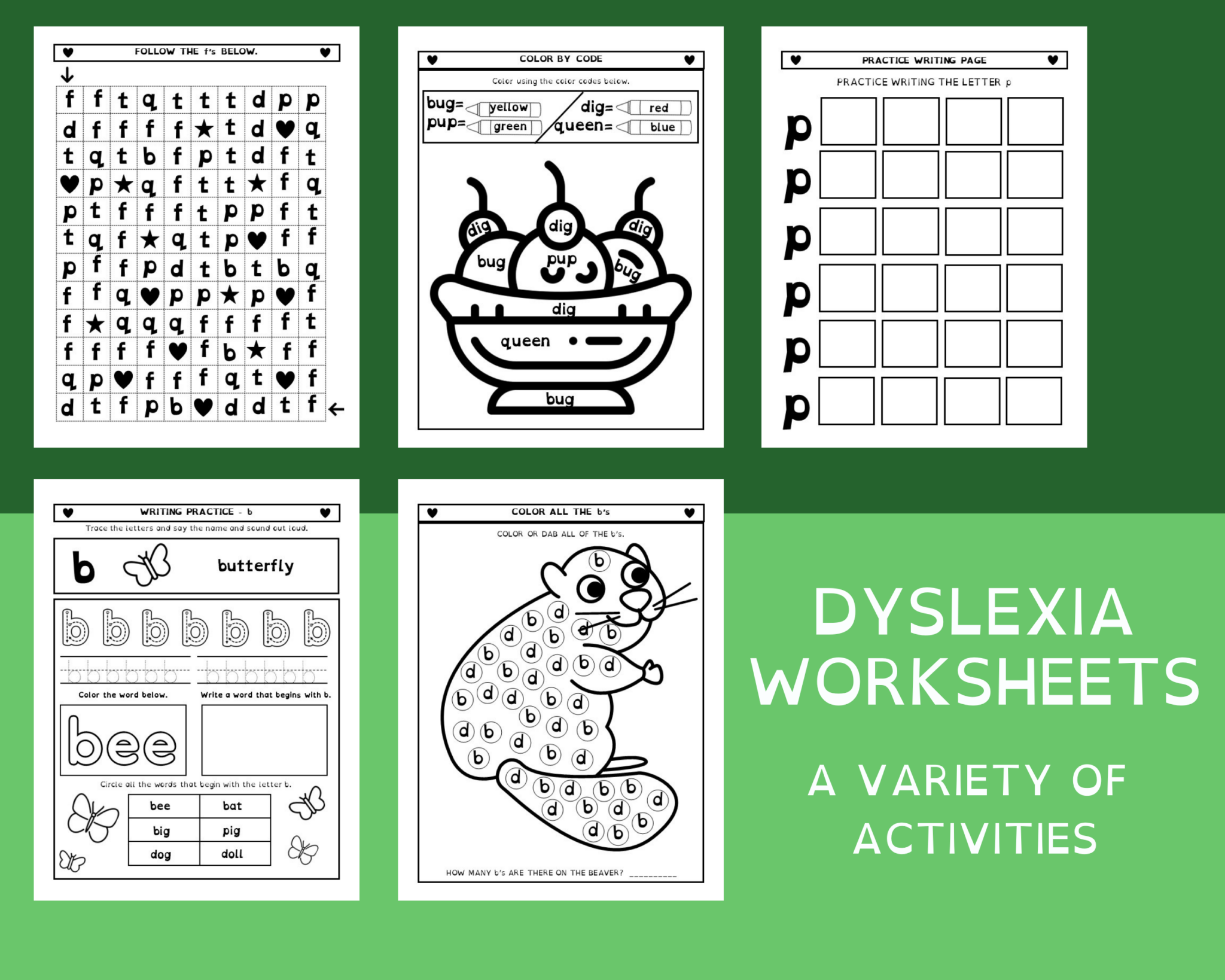 Dyslexia Letter Reversals Worksheets for b, d, p, q, t and f | Made By ...