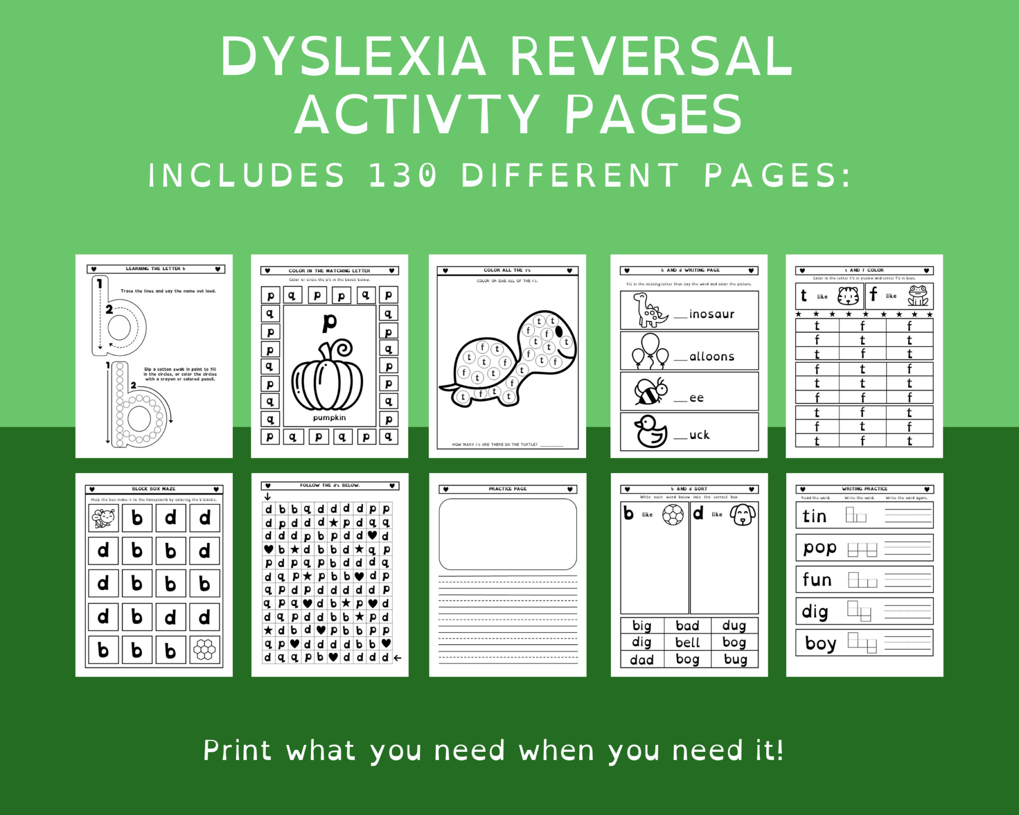 Dyslexia Letter Reversals Worksheets for b, d, p, q, t and f - Made By ...