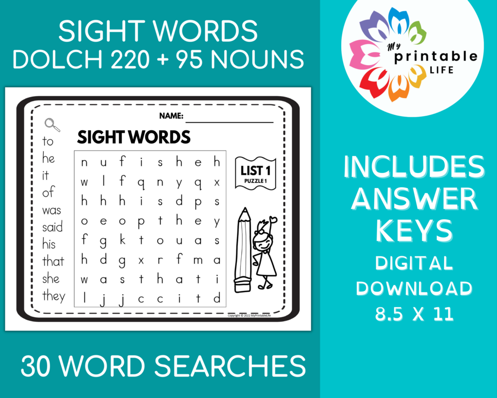 Dolch Sight Words Word Search Puzzles Complete Dolch 220 Plus 95 Nouns ...