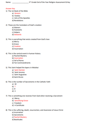 5th Grade End of the Year or Beginning of the Year Religion Test - Made ...