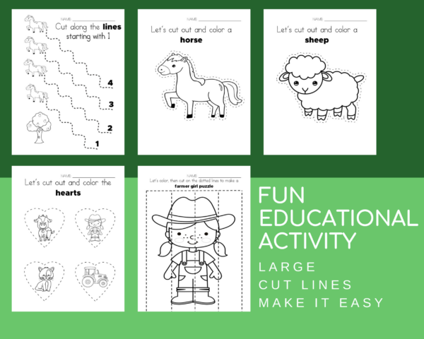 Preschool Scissor Skills Cutting Practice Farm Theme Worksheets - Made ...
