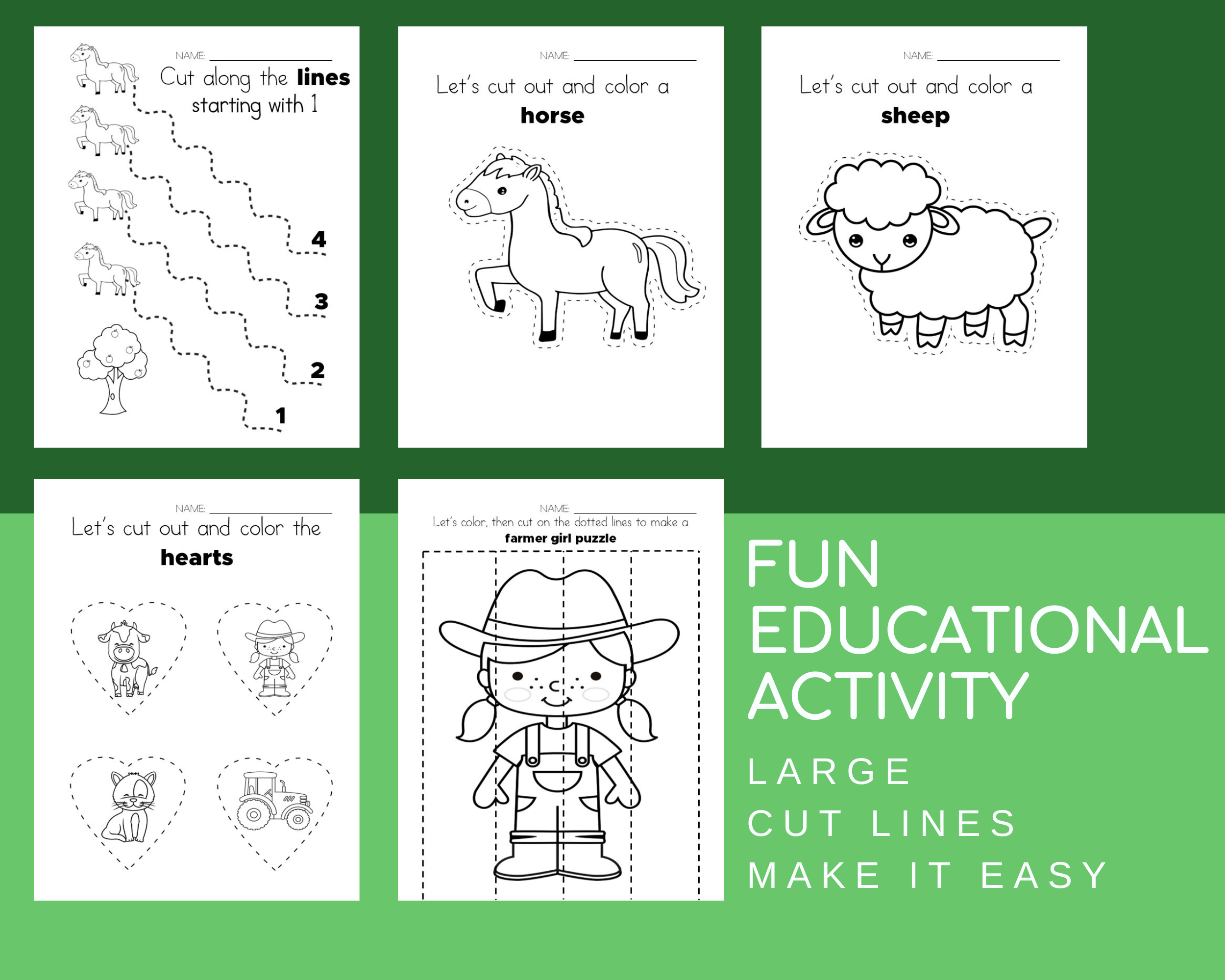 Preschool Scissor Skills Cutting Practice Farm Theme Worksheets | Made ...