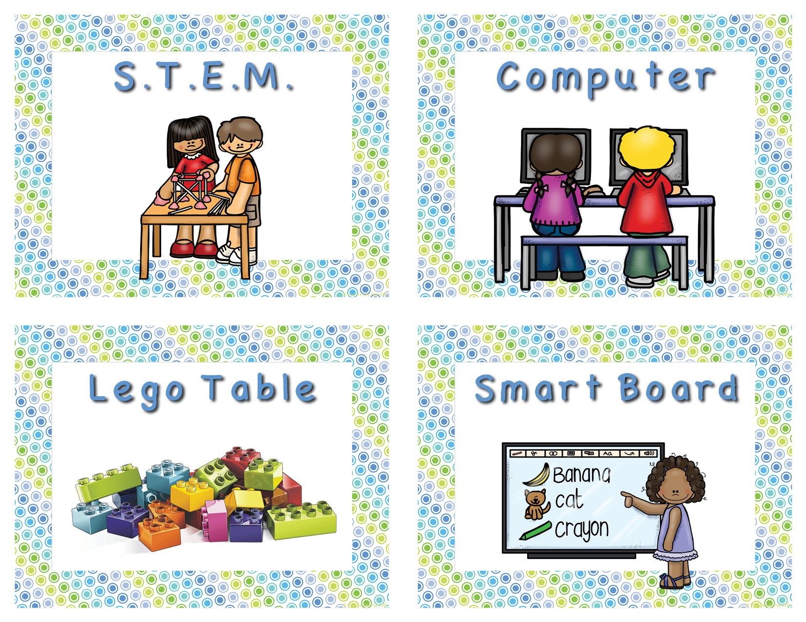 Preschool Centers Signs Blues and Greens | Made By Teachers