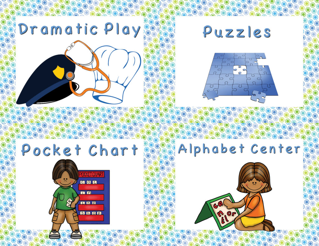 Preschool Centers Signs Blues and Greens - Made By Teachers