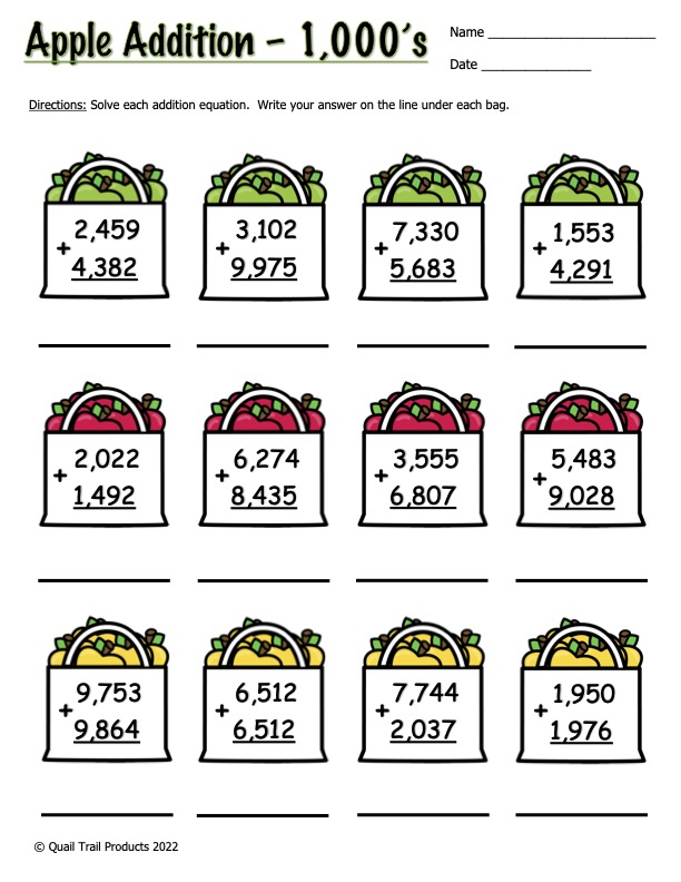 Adding and Subtracting 2-3-4 Digits-Apple Theme - Made By Teachers