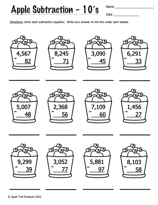 Adding and Subtracting 2-3-4 Digits-Apple Theme - Made By Teachers