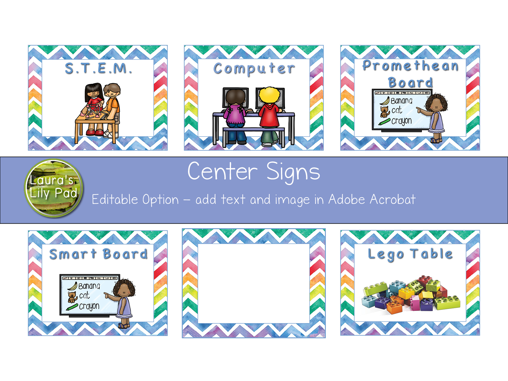 Centers Signs Rainbow Watercolor Chevron | Made By Teachers