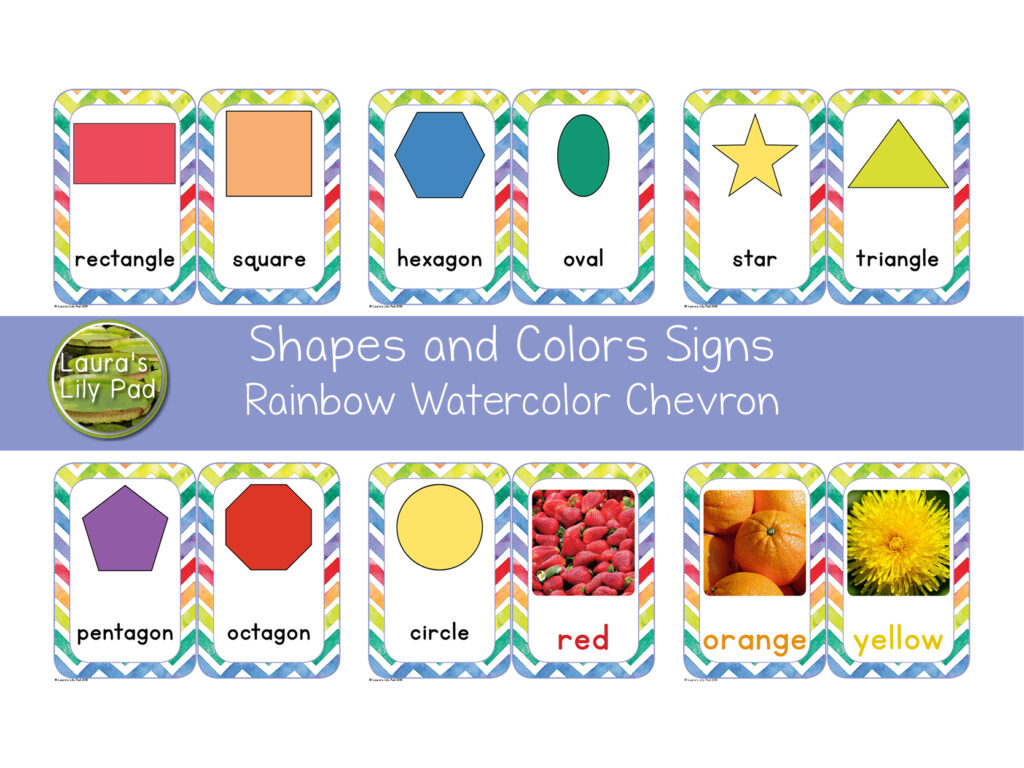 Rainbow Watercolor Chevron Colors and Shapes Signs | Made By Teachers