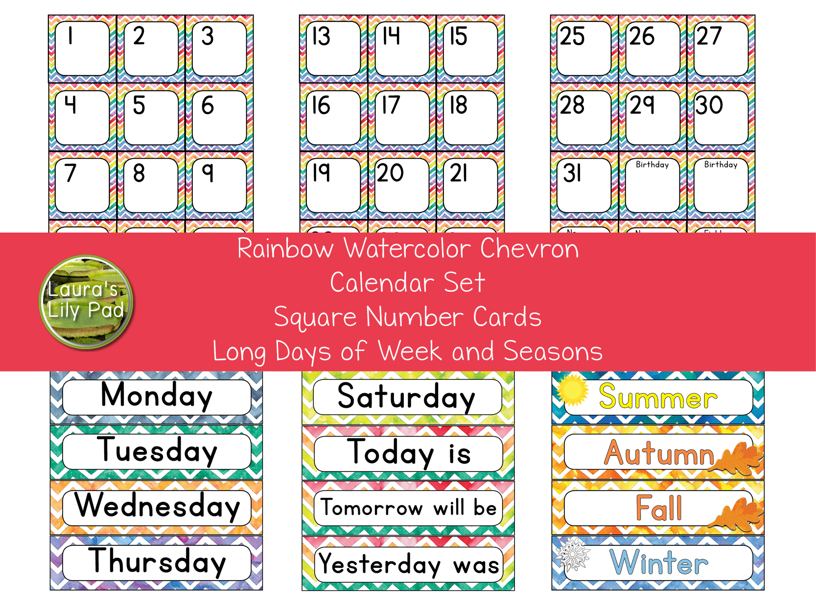 Rainbow Watercolor Chevron Calendar Set | Made By Teachers