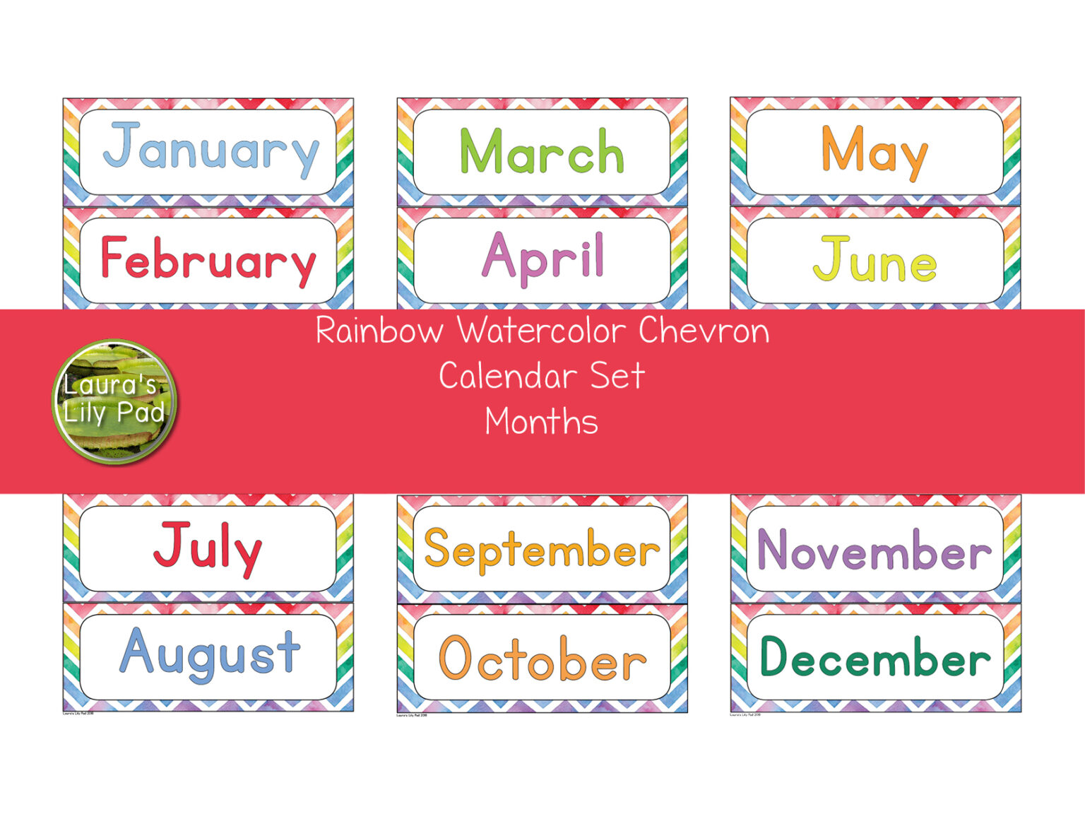 Rainbow Watercolor Chevron Calendar Set - Made By Teachers