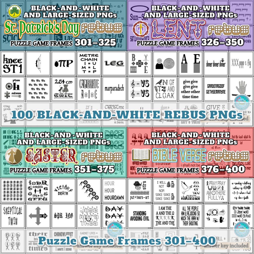 Black-and-White Rebus Puzzle Game Frames 301–400 PNGs | Made By Teachers