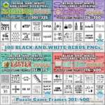 Black-and-White Rebus Puzzle Game Frames 101–125 PNGs | Made By Teachers