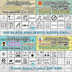 Black-and-White Rebus Puzzle Game Frames 126–150 PNGs | Made By Teachers