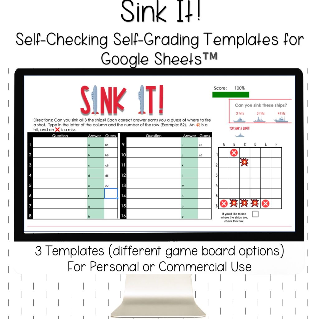 Self-Grading Self-Checking Game Template for Google Sheets Sink It! 16 ...