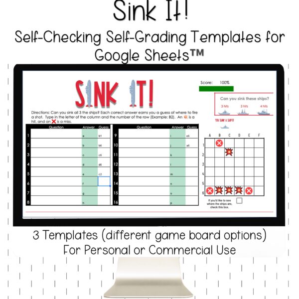 Self-Grading Self-Checking Game Template for Google Sheets Sink It! 16 ...