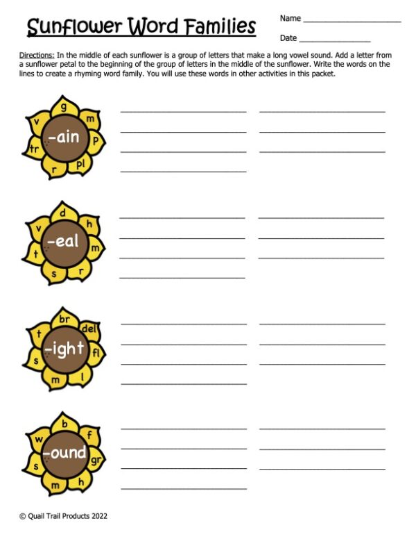 Word Families Worksheets-Sunflower Theme - Made By Teachers