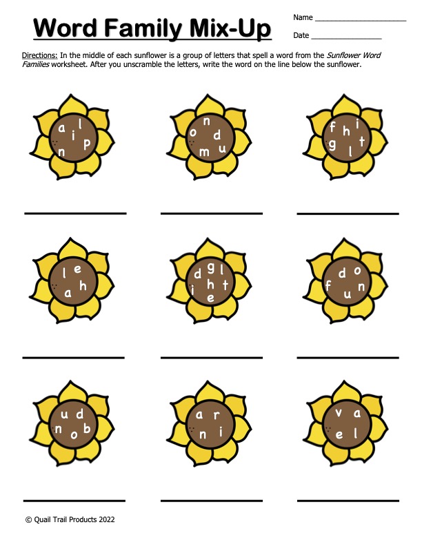 Word Families Worksheets-Sunflower Theme - Made By Teachers