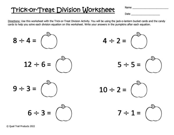 Division Facts 1-12 - Trick or Treat Worksheets and Hands-On Activity ...