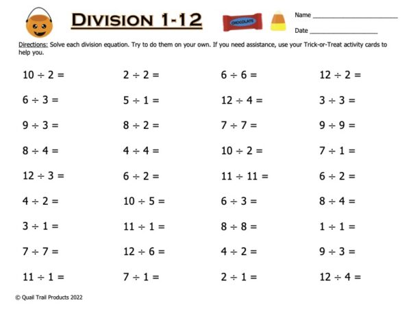 Division Facts 1-12 - Trick or Treat Worksheets and Hands-On Activity ...