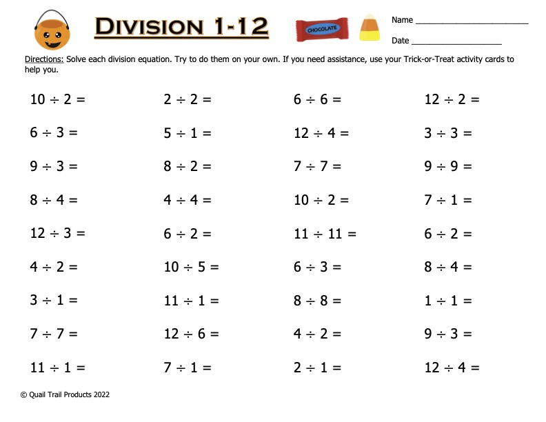 Division Facts 1-12 - Trick or Treat Worksheets and Hands-On Activity ...