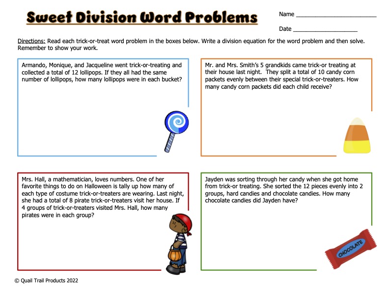 Division Facts 1-12 - Trick or Treat Worksheets and Hands-On Activity ...
