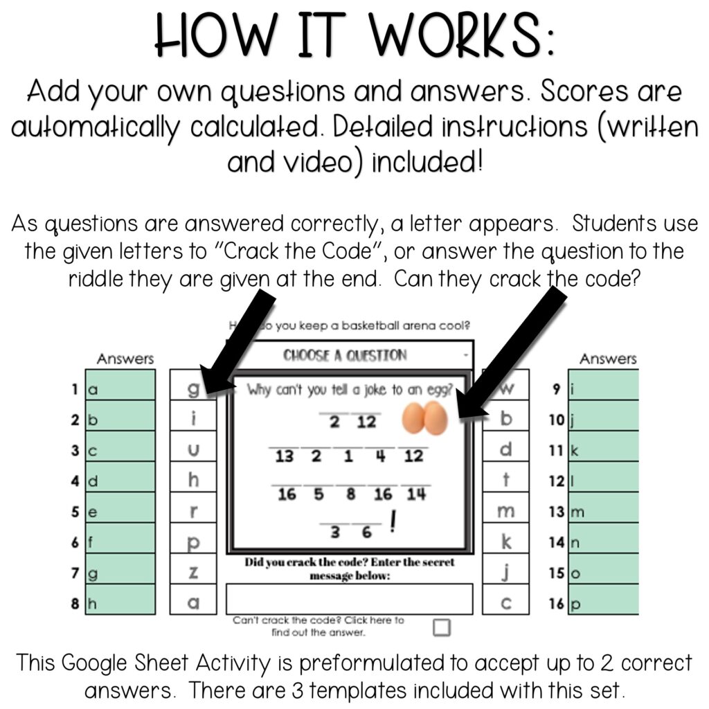 Self-Grading Self-Checking Riddle Template for Google Sheets - Set 1 ...