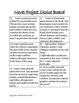 Novel Project Choice Board * Any Novel! * | Made By Teachers