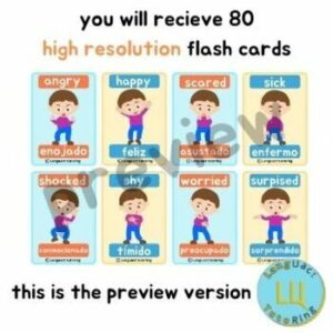 Emotions and feelings Flash cards English and Spanish with ...