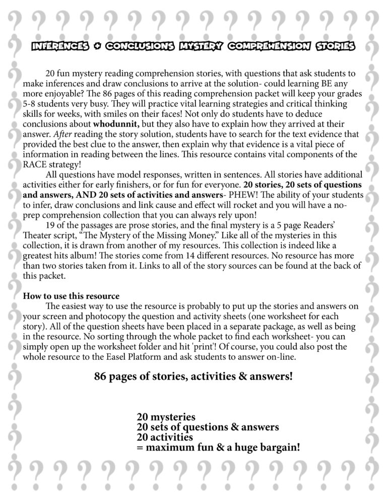 20 READING COMPREHENSION MYSTERY STORIES: Inferences & Conclusions ...
