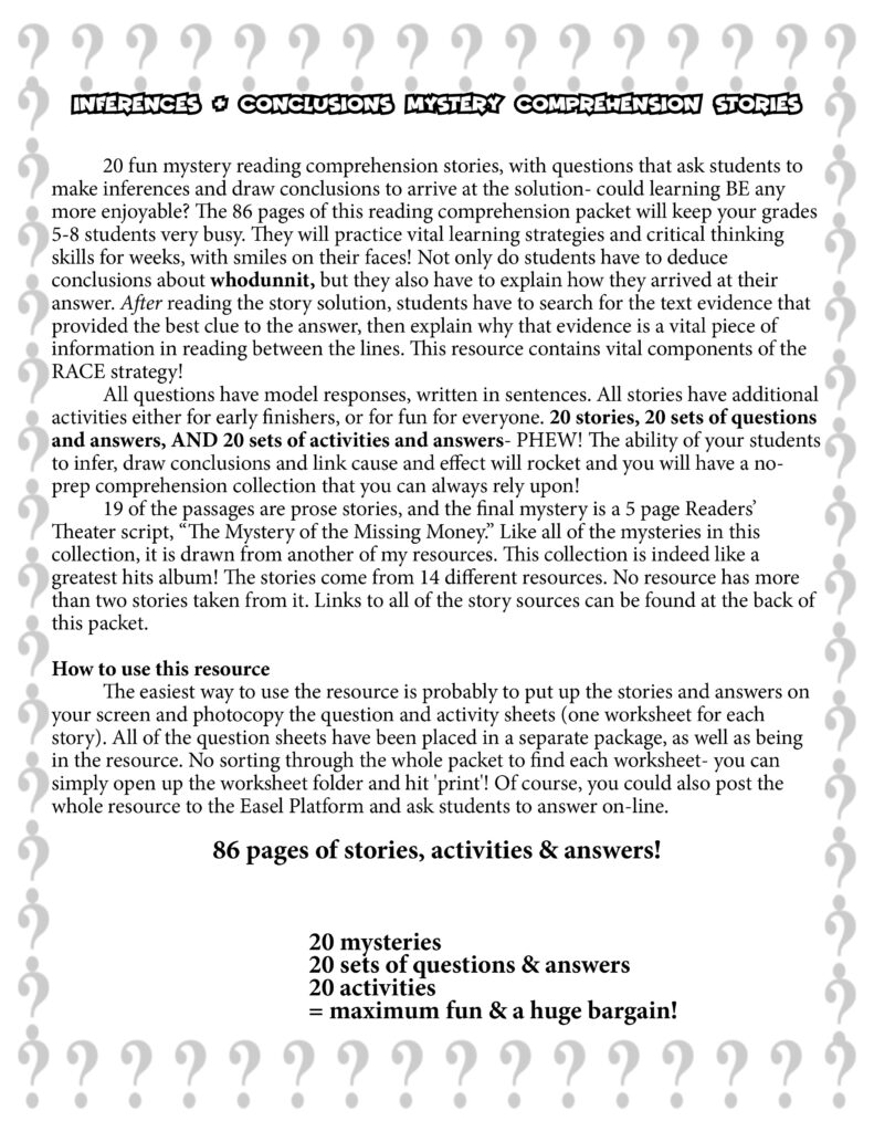 20 READING COMPREHENSION MYSTERY STORIES: Inferences & Conclusions ...