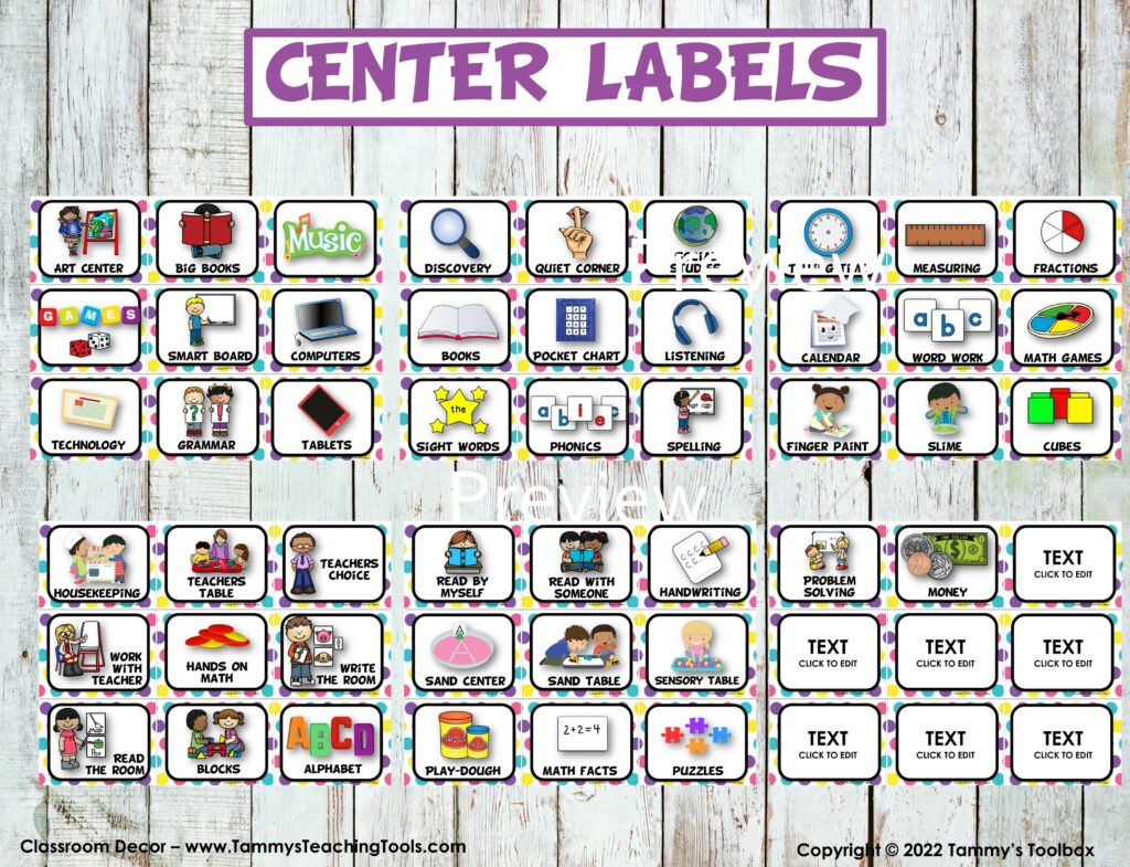 Center Signs and Labels in Polka Dot Classroom Decor Theme - Made By ...