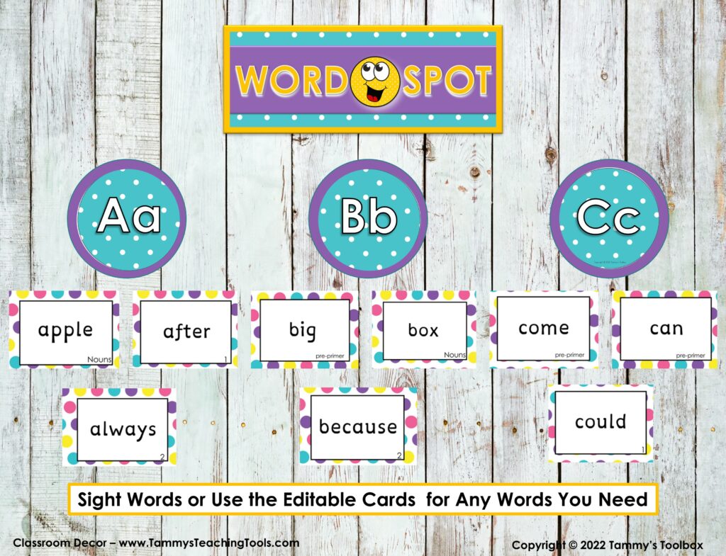 Sight Word and Phonics Word Wall in Polka Dot Classroom Decor - Made By ...