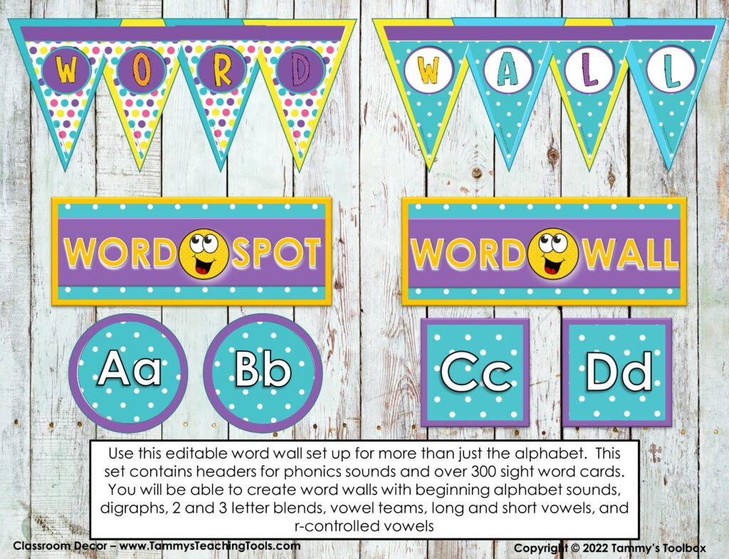 Sight Word and Phonics Word Wall in Polka Dot Classroom Decor - Made By ...