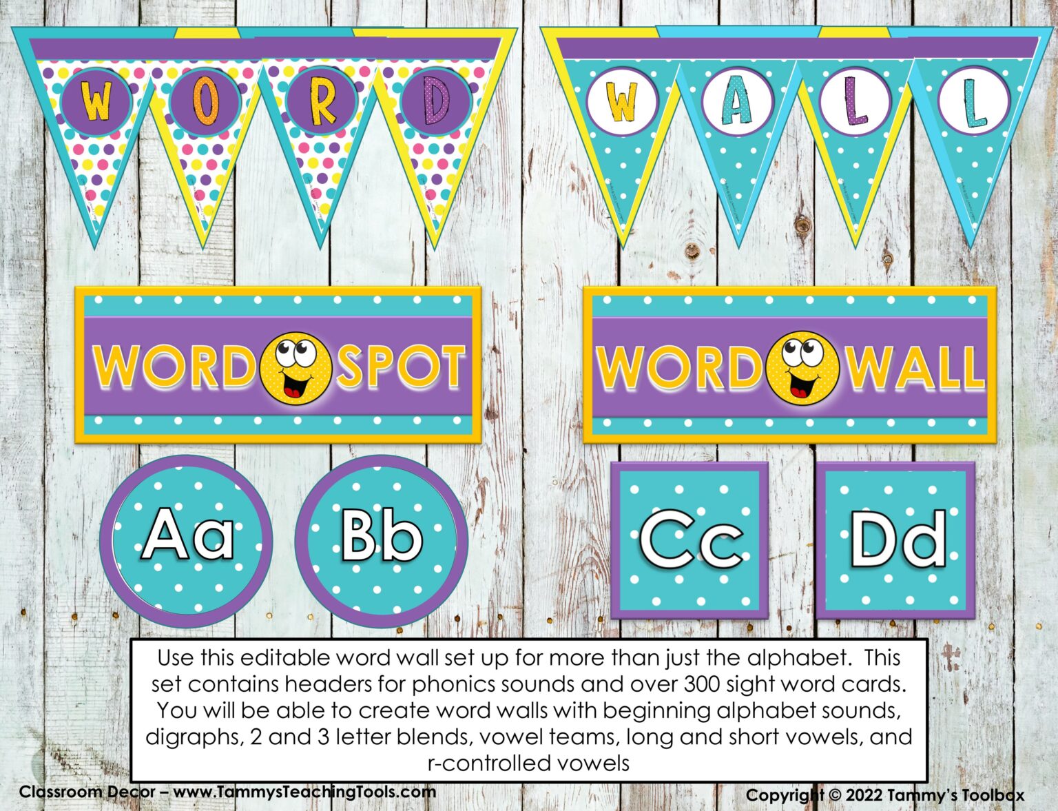 Sight Word and Phonics Word Wall in Polka Dot Classroom Decor - Made By ...