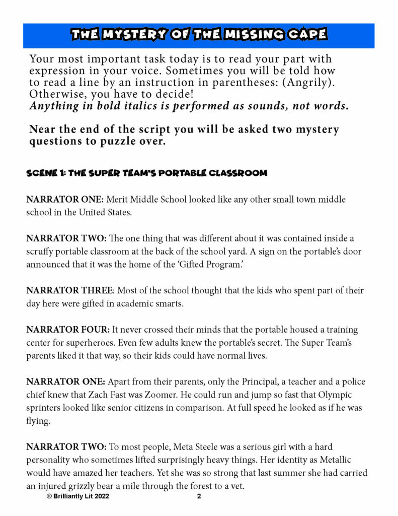READERS' THEATER SUPERHERO MYSTERY SCRIPT: Mystery of the Missing Cape ...