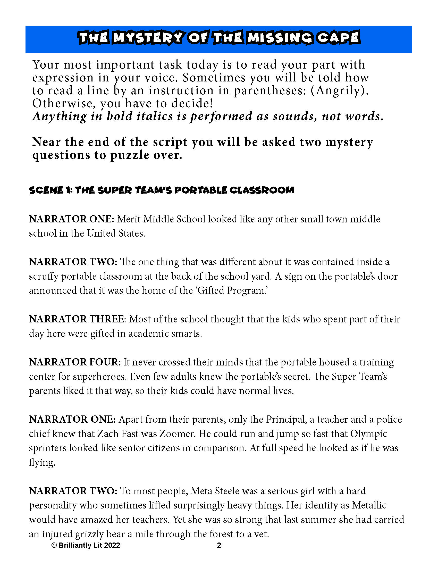 READERS' THEATER SUPERHERO MYSTERY SCRIPT: Mystery of the Missing Cape ...