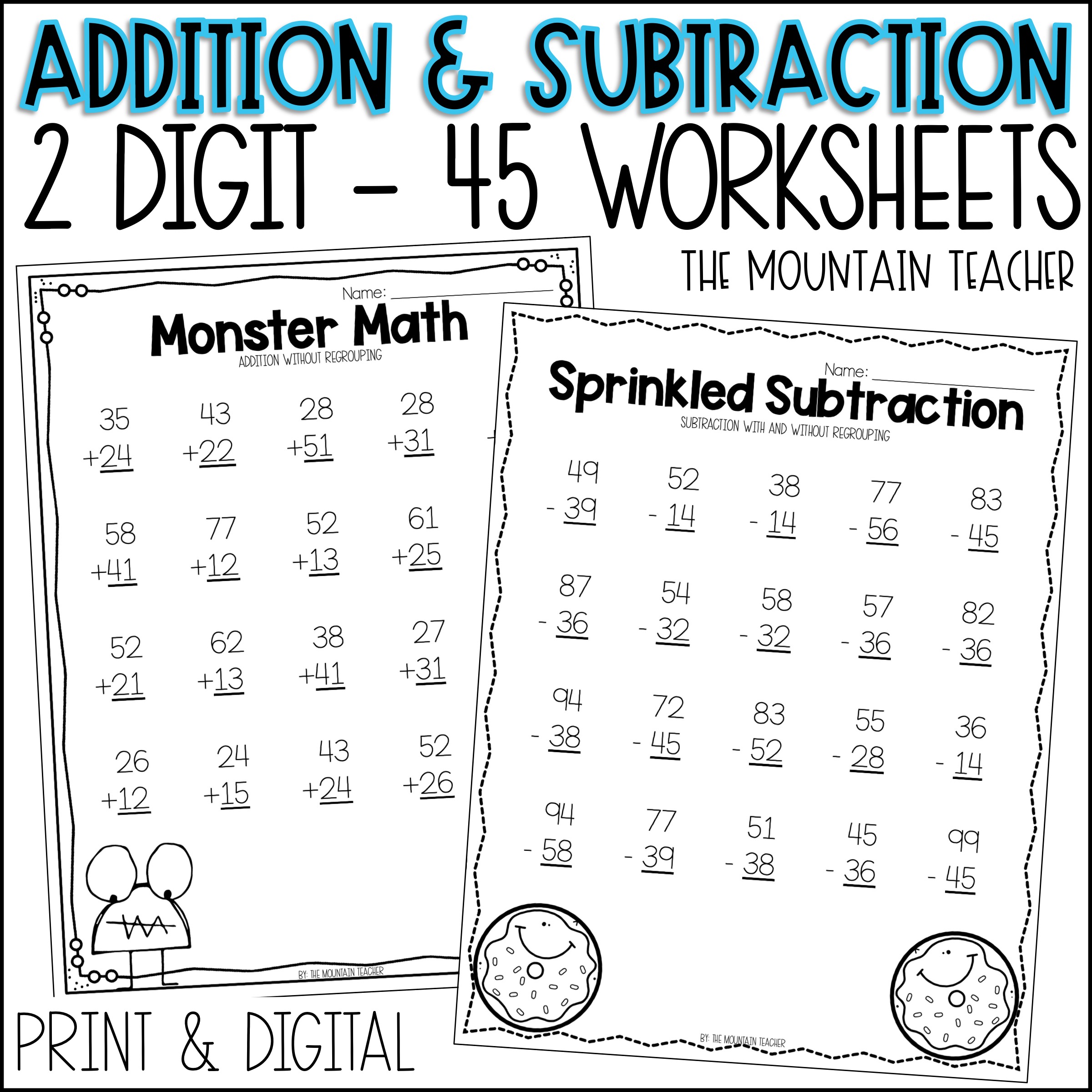 2 Digit Addition And Subtraction Worksheets With And Without Regrouping