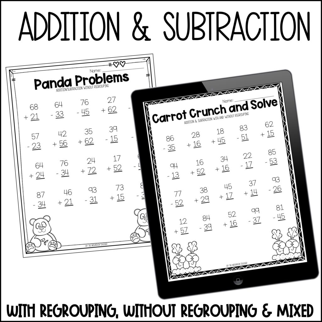 2 Digit Addition and Subtraction Worksheets With and Without Regrouping ...