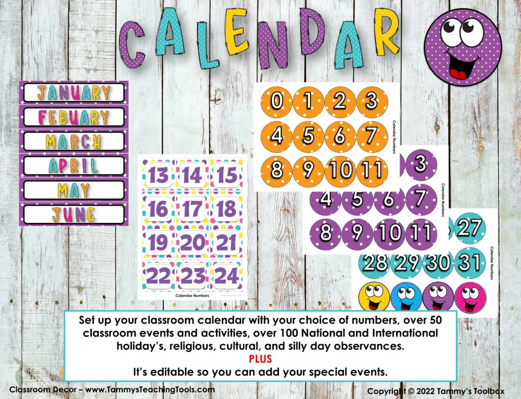 Classroom Calendar Set in Polka Dot Classroom Decor - Made By Teachers