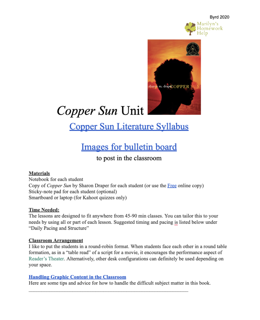 COPPER SUN Unit, by Sharon Draper | Includes Supplemental History ...