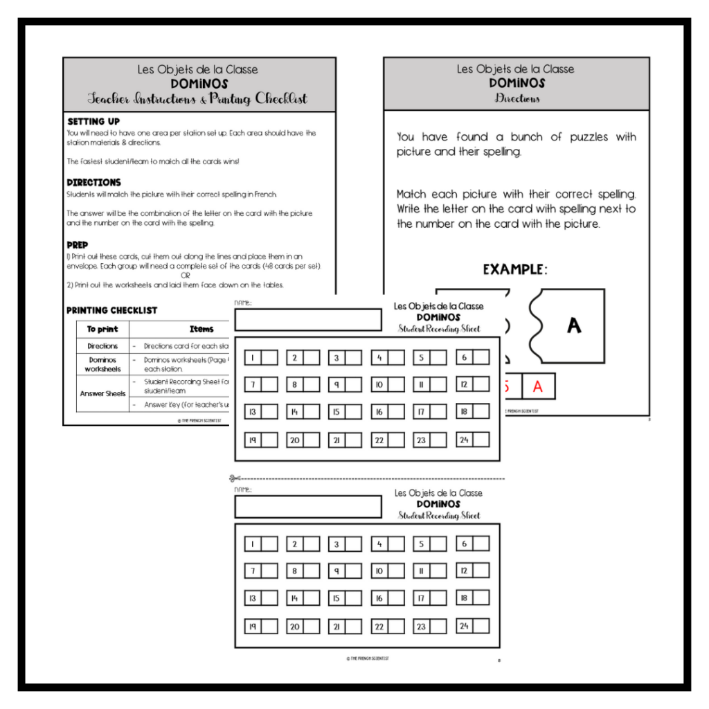 FRENCH Classroom Objects / Les Objets de la Classe Dominos [Printable ...