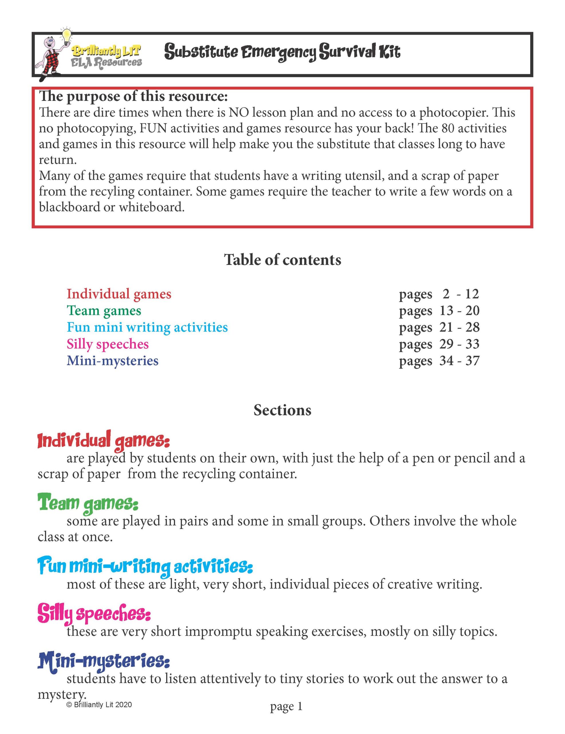 SUBSTITUTE TEACHER EMERGENCY 80 NO PREP ACTIVITIES | Made By Teachers