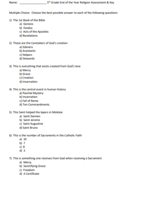 5th Grade End of the Year or Beginning of the Year Religion Test | Made ...
