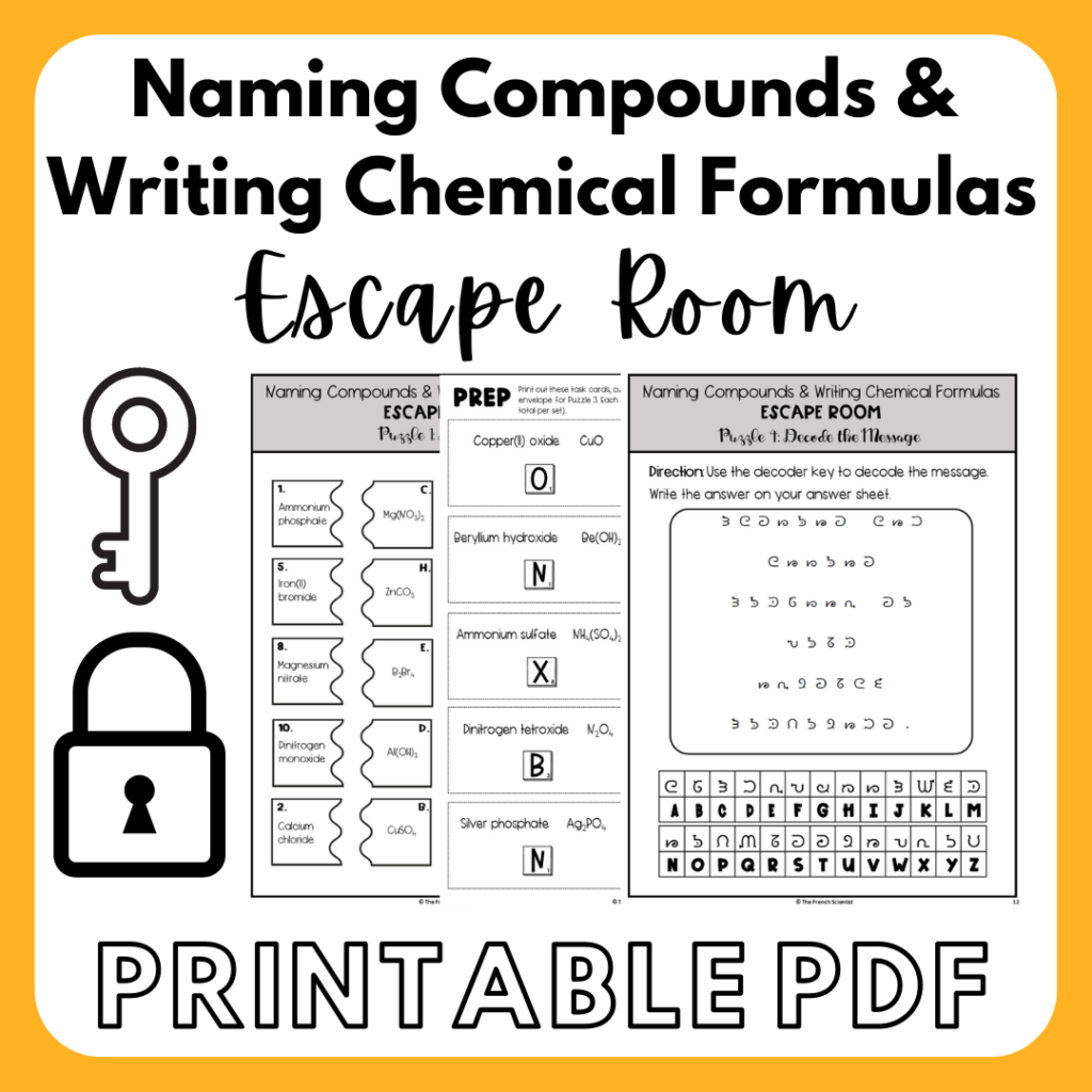 CHEMISTRY Naming Compounds & Writing Chemical Formulas Escape Room ...